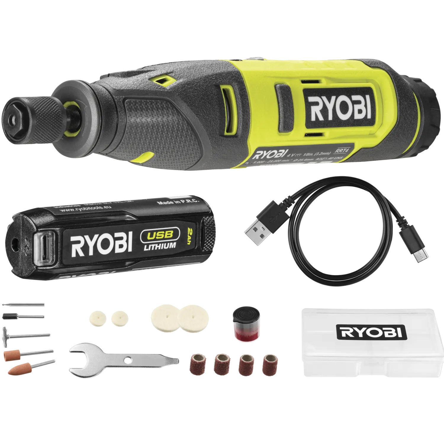 Ryobi RRT4-120GA15 4V USB multiværktøj, med 15 tilbehørsdele