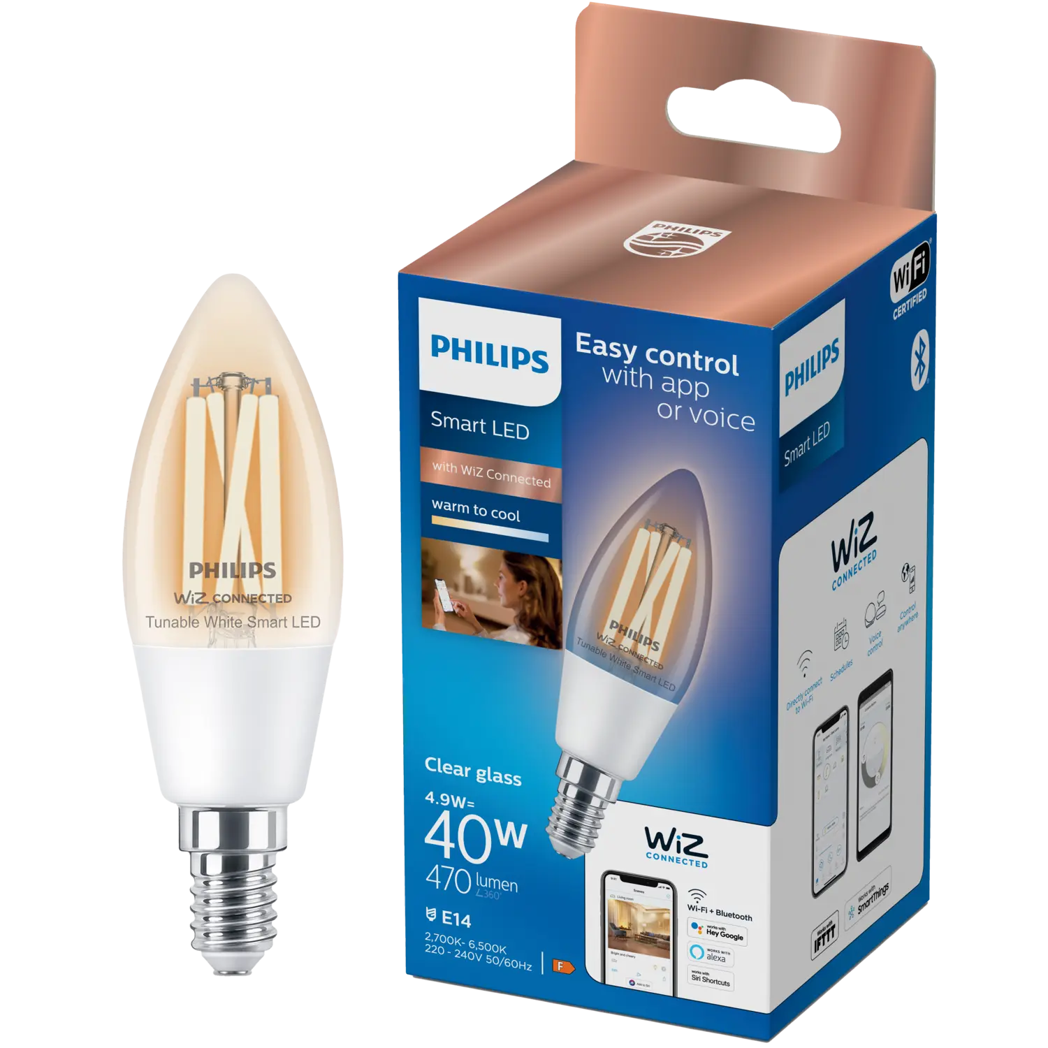 Philips Smart WiZ white LED pære E14 4,9W kerte klar
